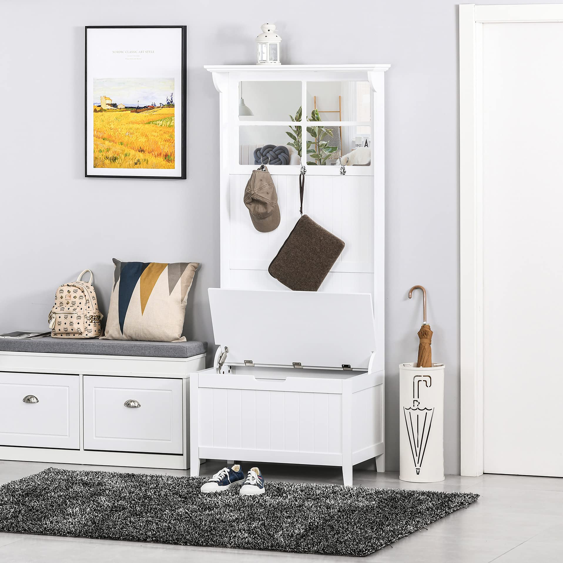 HOMCOM Coat Rack Shoe Bench with Storage 4 in 1 Hall Tree for Entryway Hallway Organizer with Cabinet 3 Hooks Mirrors White
