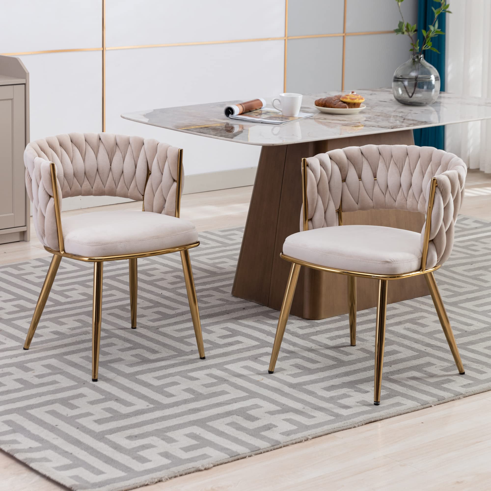 GOOLON Woven Dining Chairs Set of 2, Velvet Upholstered Dining Room Chairs, Tufted Chairs with Tall Round Comfy Backrest Comfortable Armrest Golden Sturdy Metal Legs for Kitchen Black