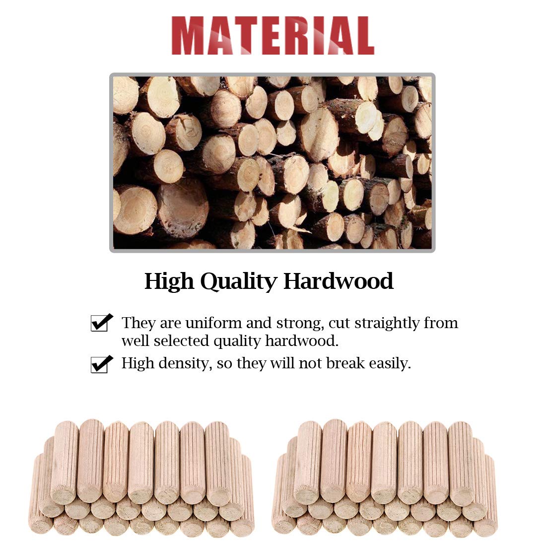 Hilitchi 900Pcs 6mm 8mm 10mm L Fluted Wood Dowel Pins & 1/4β 5/16β 3/8" L Fluted Wood Dowel Pins