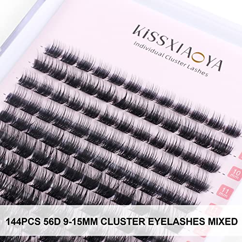 KISSXIAOYA Cluster Eyelash Extensions Kit, DIY Lashes Extension Kit with Lash Bond & Seal and Applicator, 144 Pcs 0.10mm 56D 9-15mm Mixed Wide-stem Lash, Individual at Home (Cluster Kit)