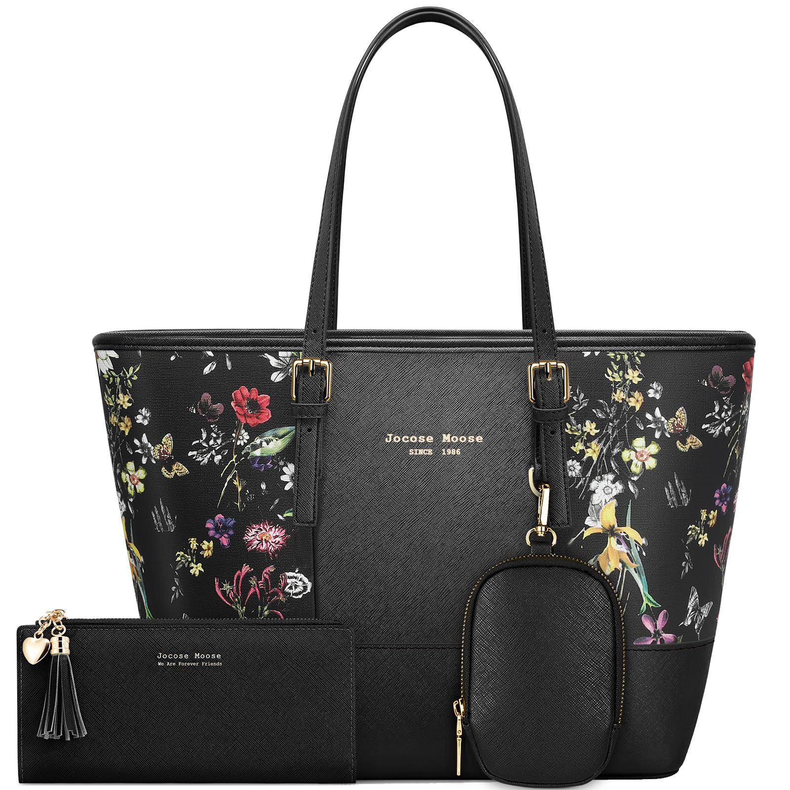 Jocose Moose Handbags for Women Wallet Tote Bag Shoulder Bag Top Handle Satchel Purse Set 3pcs (Black Print)