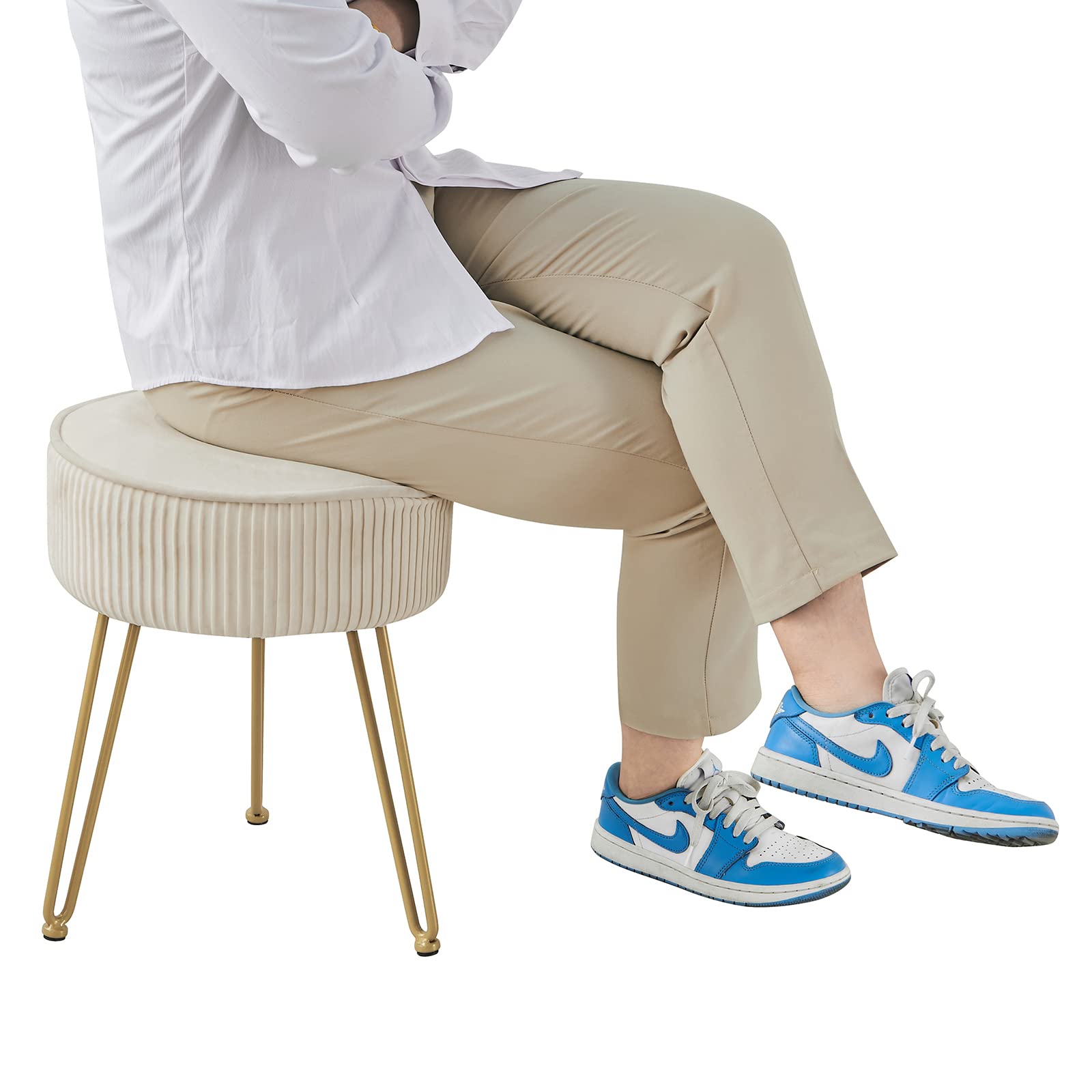 hf-Choous Multifunctional Vanity Stool, Velvet Round Ottoman Dressing Stool, Upholstered Seated Footrest Stool with Gold Metal Legs, Modern Side Table Footstool for Living Room,Bedroom(White)