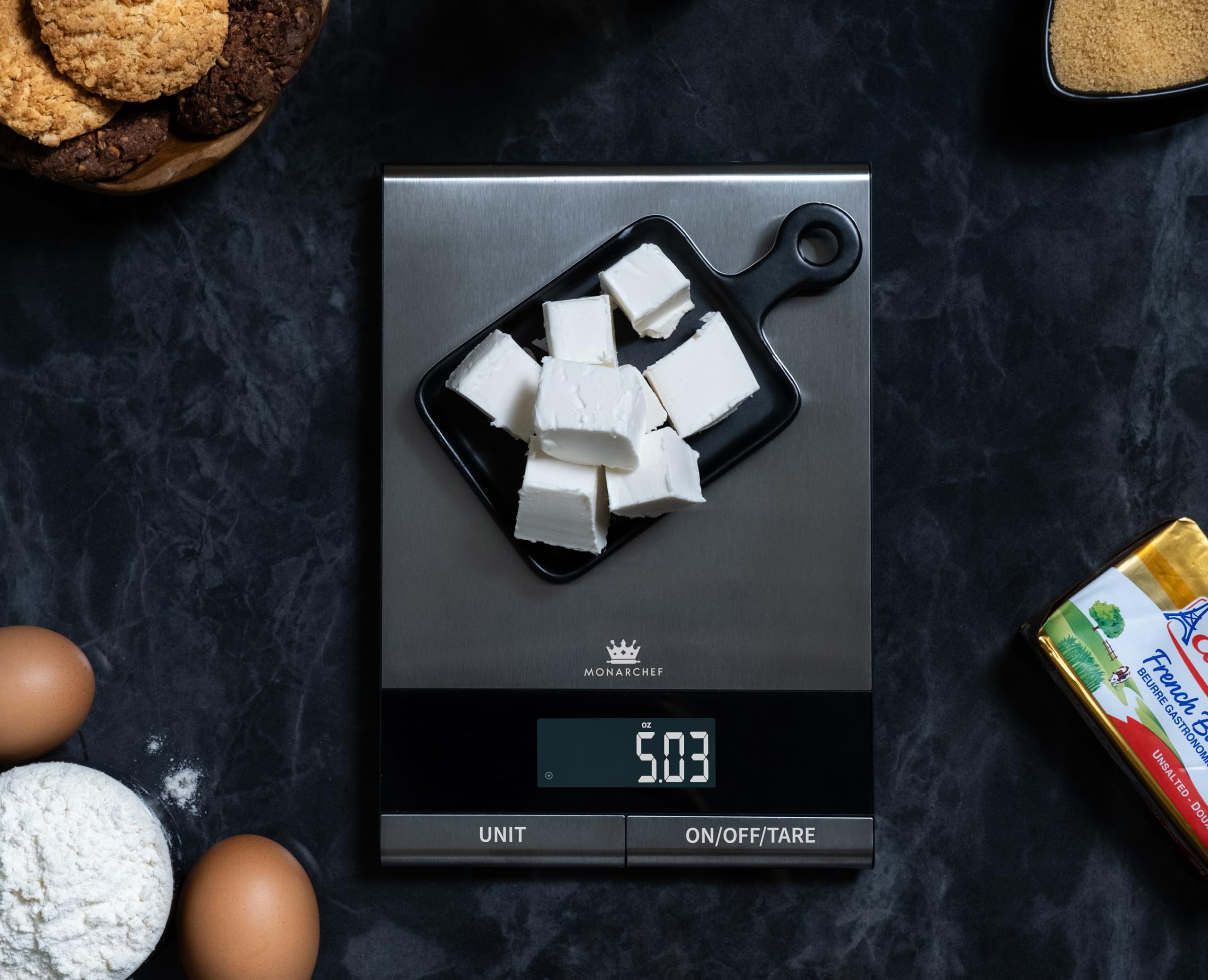Monarchef Digital Food Scale for Kitchen, Baking, Cooking, and Meal Prep, 10 Unit Measurements, 22 lb Weight Capacity, Stainless Steel Top, Dual Power Option, 15 Features
