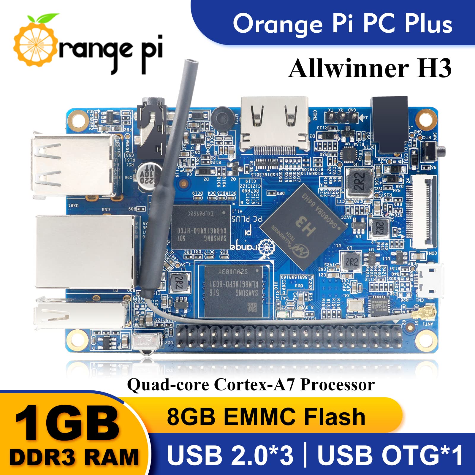 Orange Pi Pc Plus RAM 1G AllWinner H3 Quad Core Open Source Development Board Desktop with 8GB Emmc Flash, Run Android Ubuntu Debian Single Board Computer(Orange Pi PC Plus)
