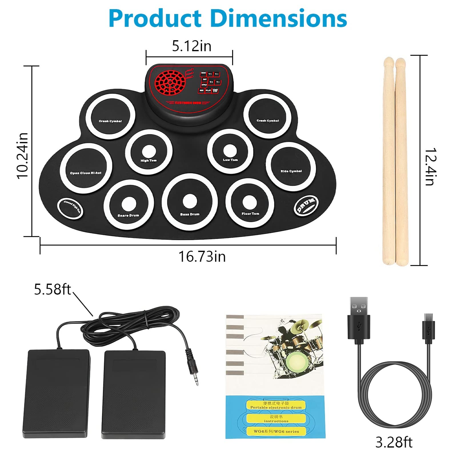 KOCASO Electric Drum Pad Foldable 10-Drum Silicon Drum Kit Dual-Pedal Foldable Electronic Drum Set Machine with Drum 2 Sticks Headphone Jack Speaker for Kids, Beginners