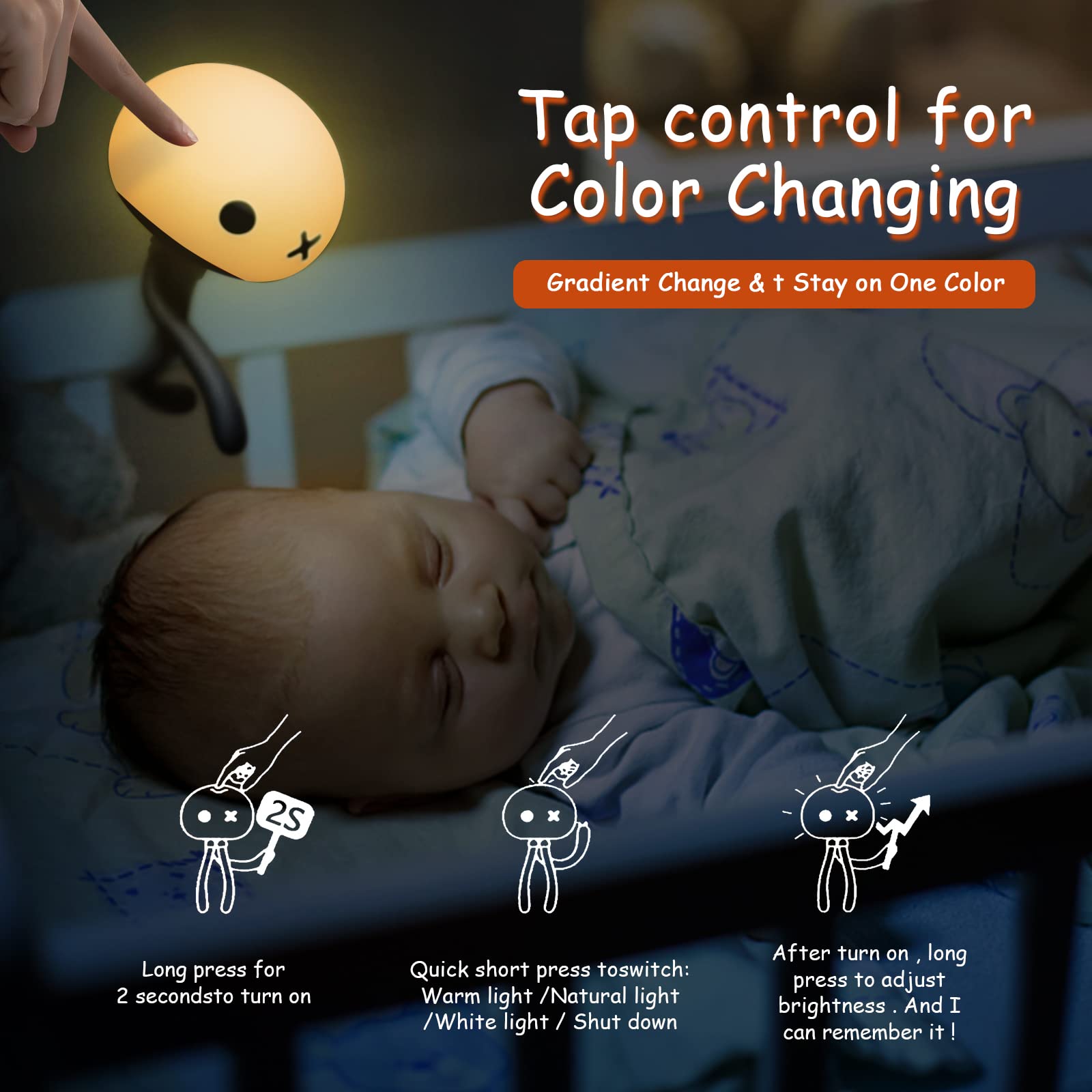 Jellyfish LED Remote Control and Touch Night Light Outdoor Portable Cute Baby Mom Nursing Light Rechargeable Adjustable 3 Lights Baby Room Decor (Black)