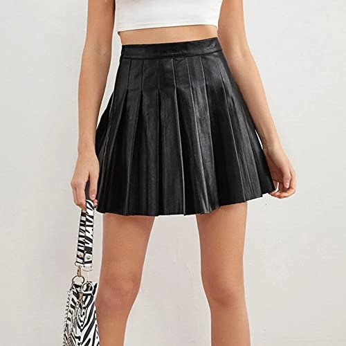 Long Plaid Skirts for Women Knee Length Date Night Skirt Short High Pleated Waist Elegant Solid Leather Women's Black