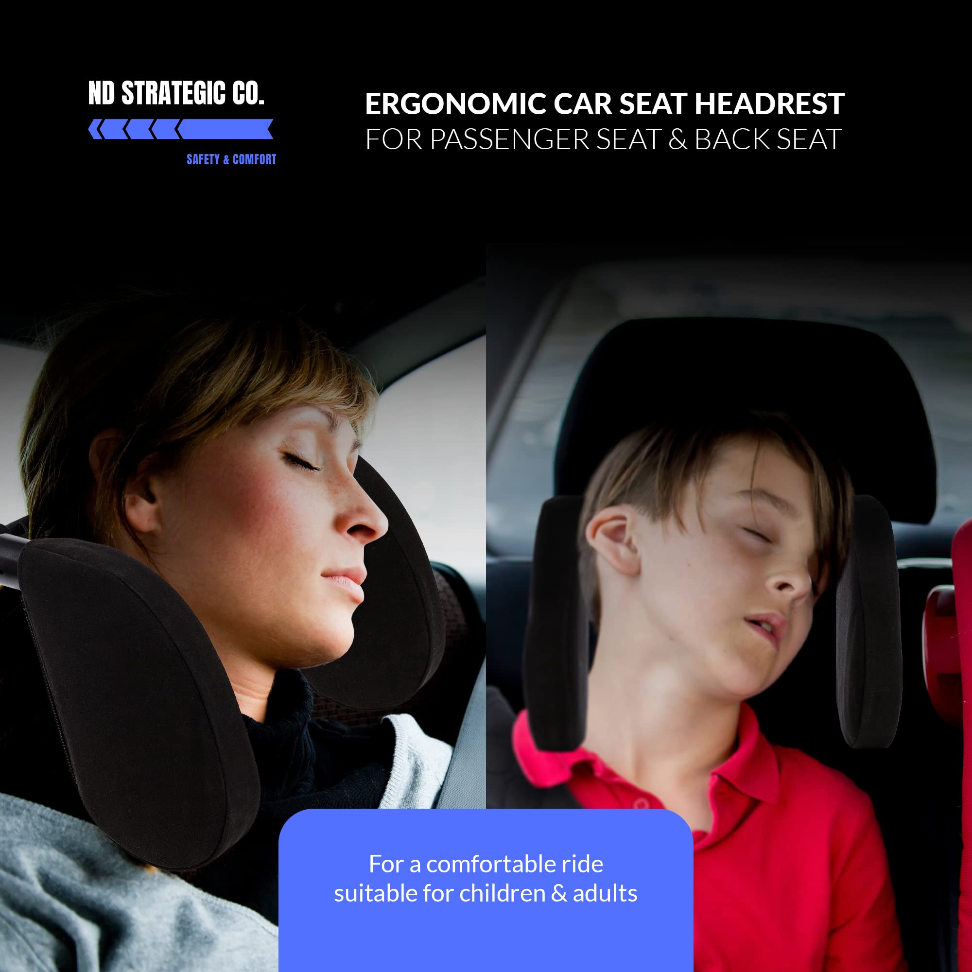 ND Strategic & Co. Car Headrest Pillow - 360° Adjustable Car Seat Headrest with Washable Covers - Car Neck Support - incl. Seat Belt Protection