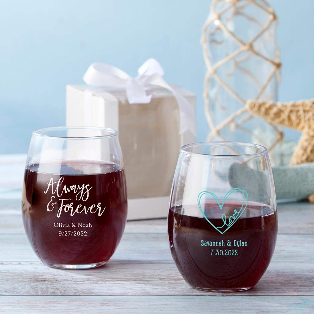 Kate Aspen 15 oz. Personalized Stemless Wine Glass - 48pcs/Silver - Custom Wedding Favors and Bridal Shower Party Favors with Customized Designs Text Lines