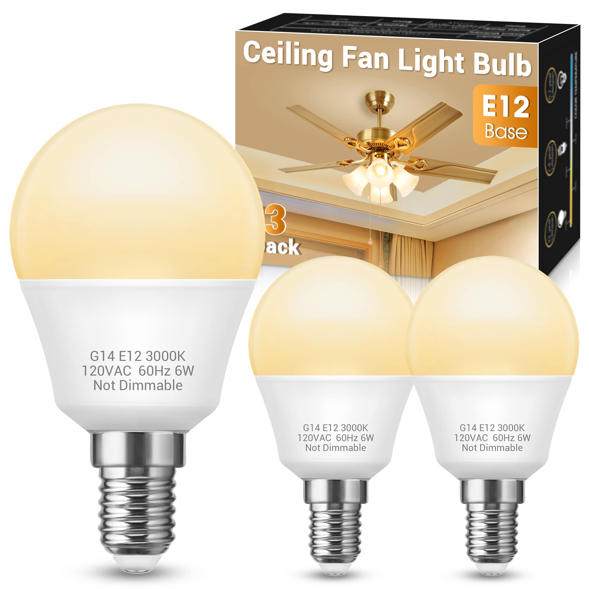 JandCase LED Ceiling Fan Light Bulbs, G14 Candelabra Light Bulbs, 6W E12 LED Bulbs, 4000K Natural Daylight, 60Watts Equivalent Globe Light Bulbs for Ceiling Fan Chandelier, Non-Dimmable, UL, 6 Pack