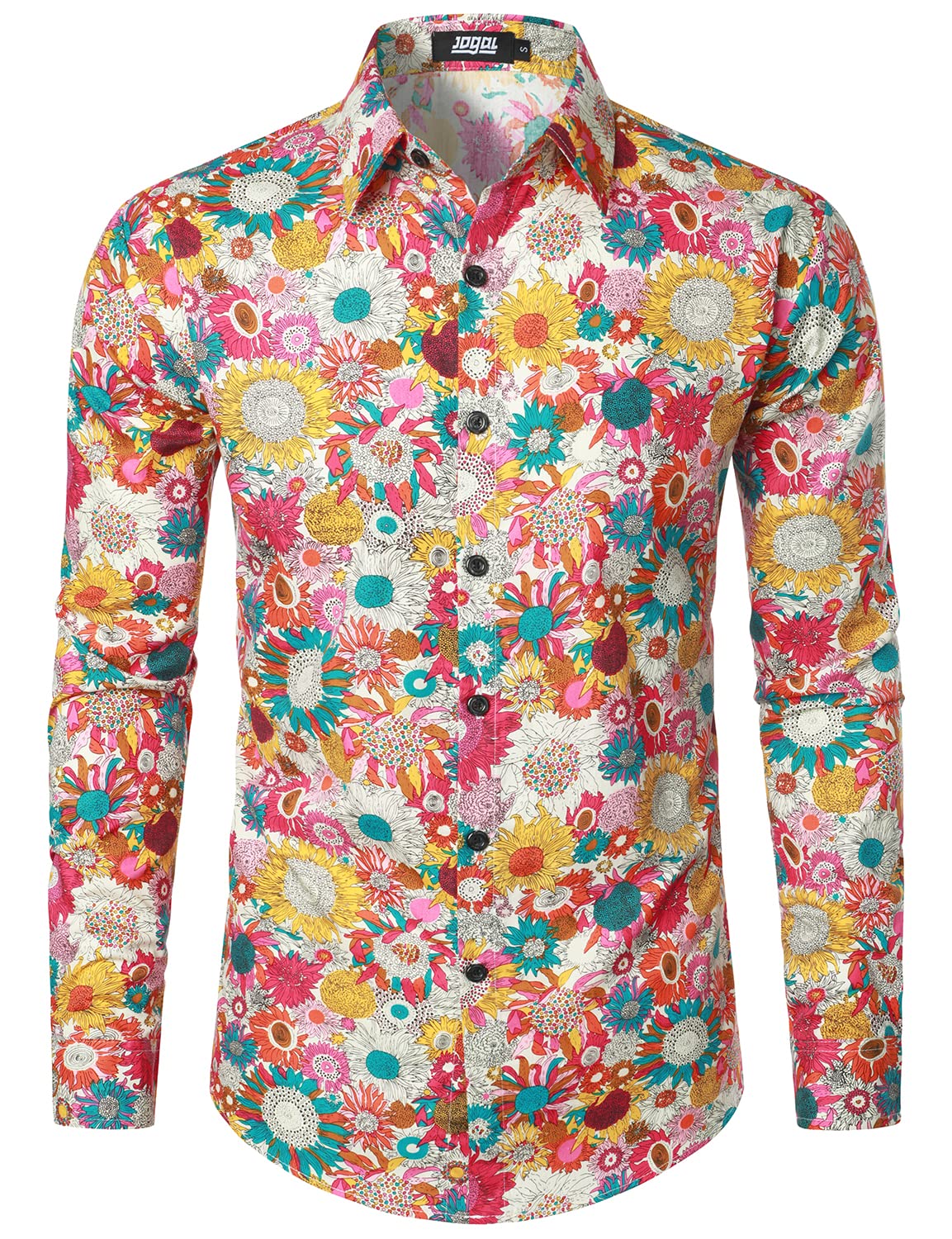 JOGAL Mens Floral Dress Shirt Long Sleeve Casual Button Down Printed Flower Shirts Beige Multicolor Large