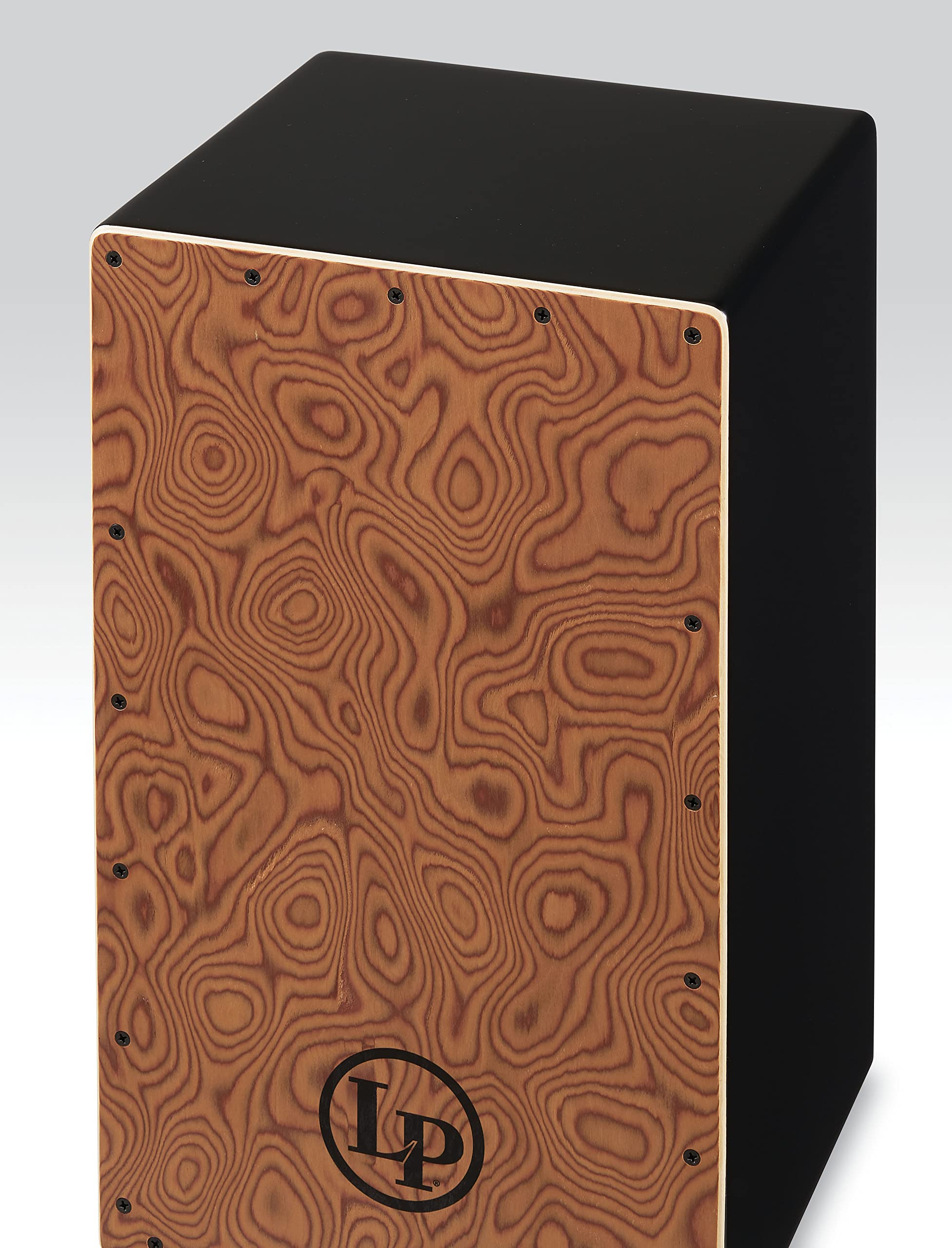 Latin Percussion Box Exotic Cajon, Black with Figured Cerice Craftwood Soundboard, H-19” W-11” D-10” (LP1428NYFC-K)