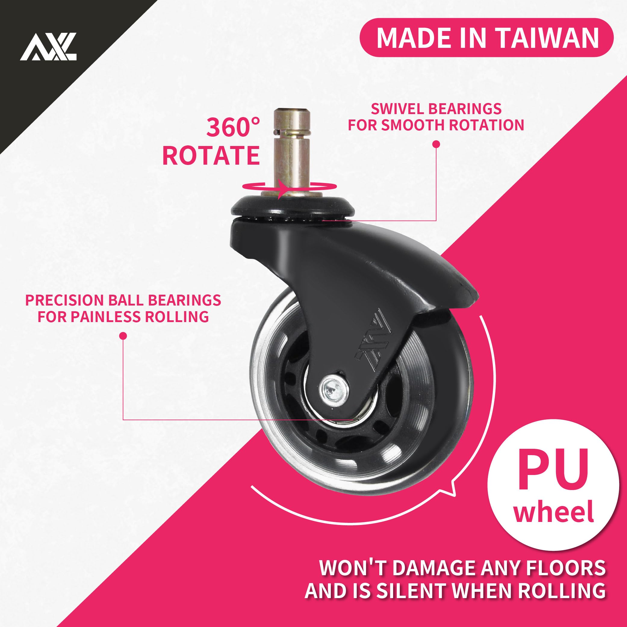 IKEA Office Chair Wheels Replacement for Hardwood Floor and Carpet, 10mm Stem Size, 2.5" Roller Blade Style, Replacement Rubber Chair Casters Set of 5 (Black/Clear)