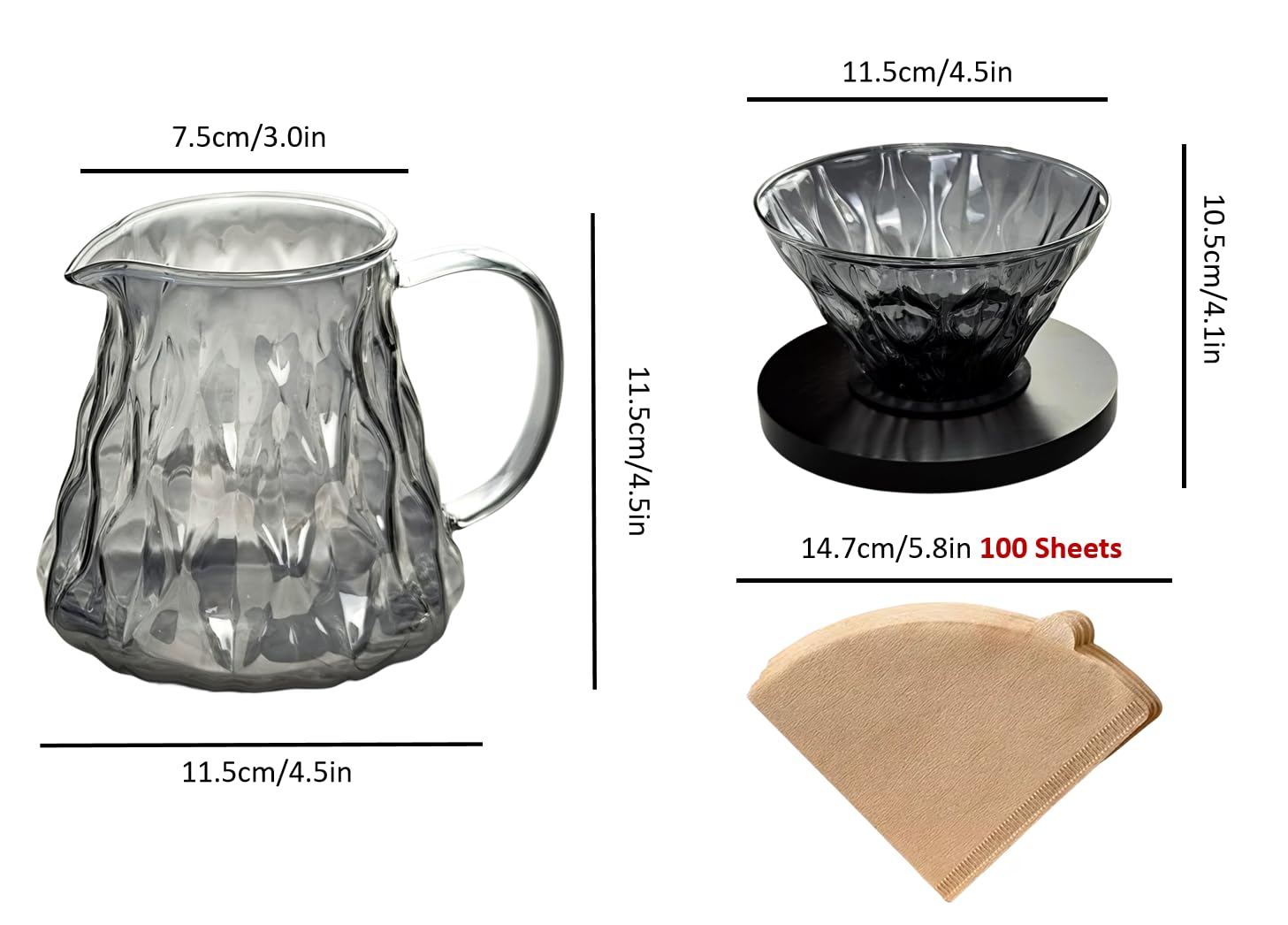 HYAXGM Pour Over Coffee Maker, 20oz/600ML Glass Carafe with Glass Coffee V60 Paper Filter 100 Sheets,Glass Pour Over Coffee Dripper With Wooden Base Stand,Drip Coffee Maker Set for Home or Office