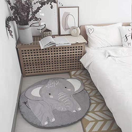 Hiltow Round Cartoon Elephant Nursery Rug Floor Playmats Crawling Mat Game Blanket for Play Room Decoration