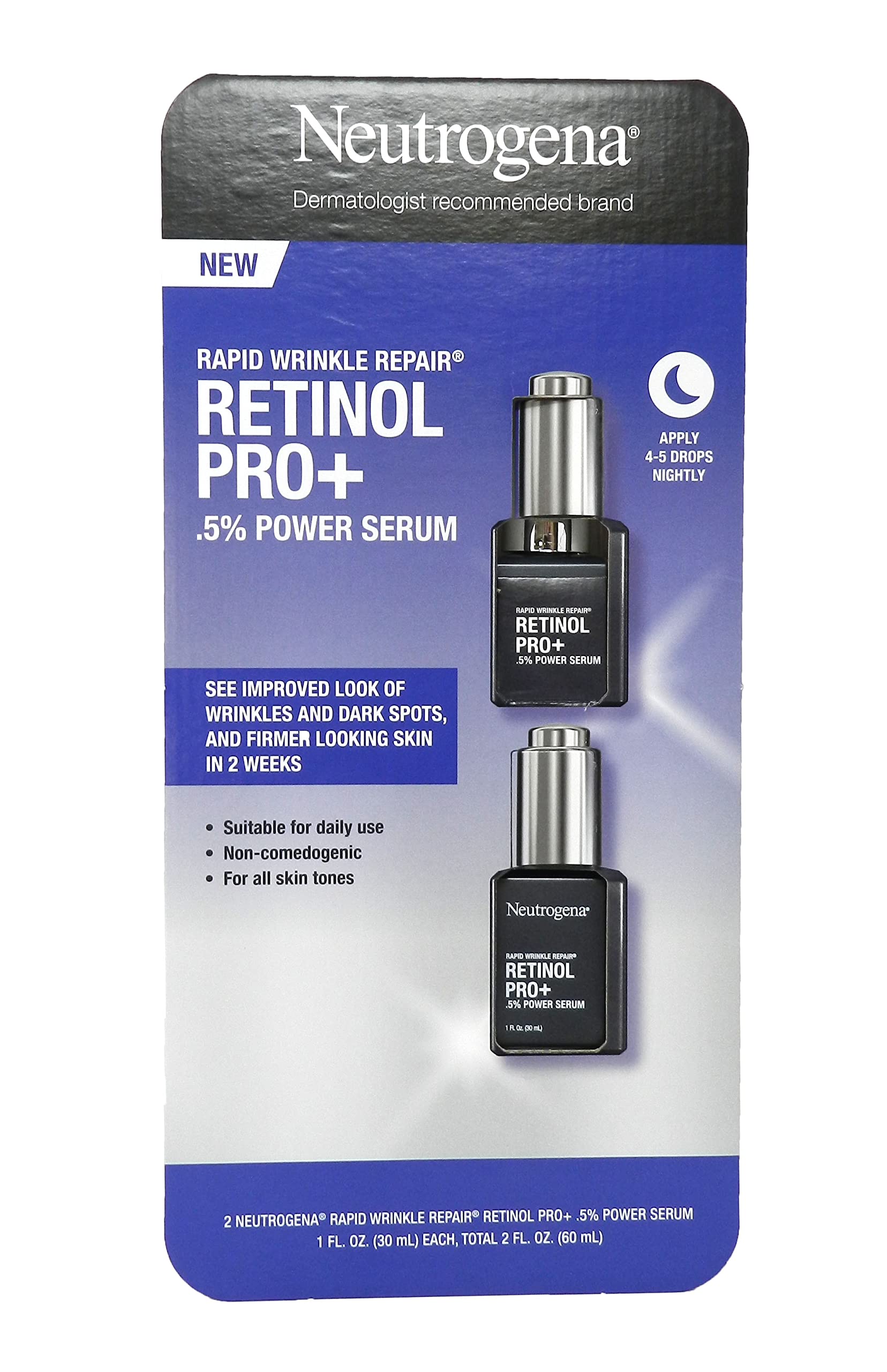Neutrogena Rapid Wrinkle Repair Retinol Pro+ 0.5% Power Facial Serum, Gentle Anti-Aging Face Serum with .5% Pure Retinol & Nourishing Emollients, Non-Comedogenic, Paraben-Free, 1 fl. oz, 2-pack
