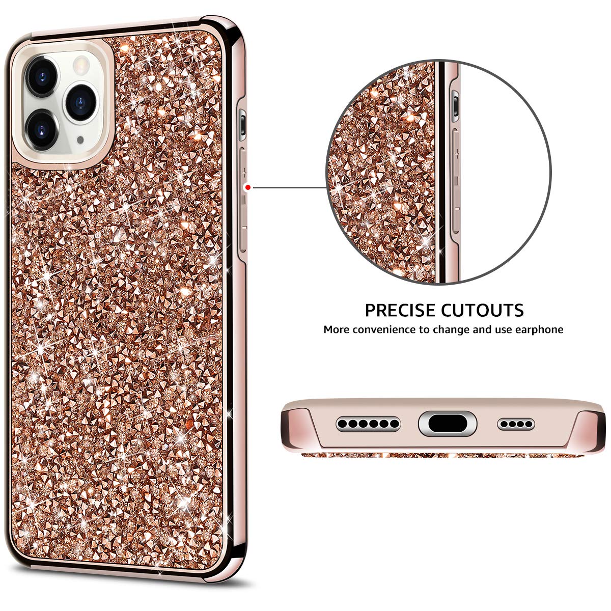 HoneyAKE Compatible with iPhone 12 Pro Max Case Bling Rhinestone Sparkly Crystal Diamond Shockproof Handmade Dual Layer Hard Rubber Bumper Protective Cover Compatible with iPhone 12 Pro Max Rose Gold