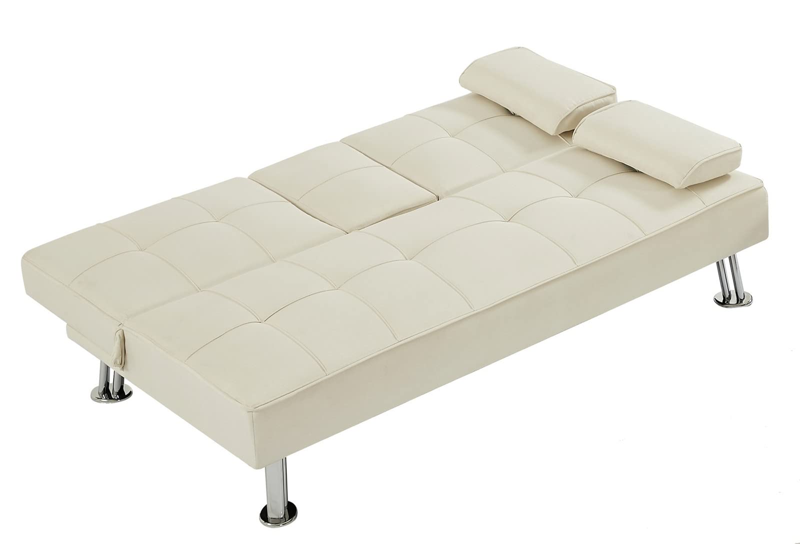hansones Futon Sofa Bed Modern Linen Fabric Couch Bed Loveseat Convertible Daybed with 2 Cup Holders and Removable Armrests for for Compact Living Space Apartment Dorm Office (Beige)