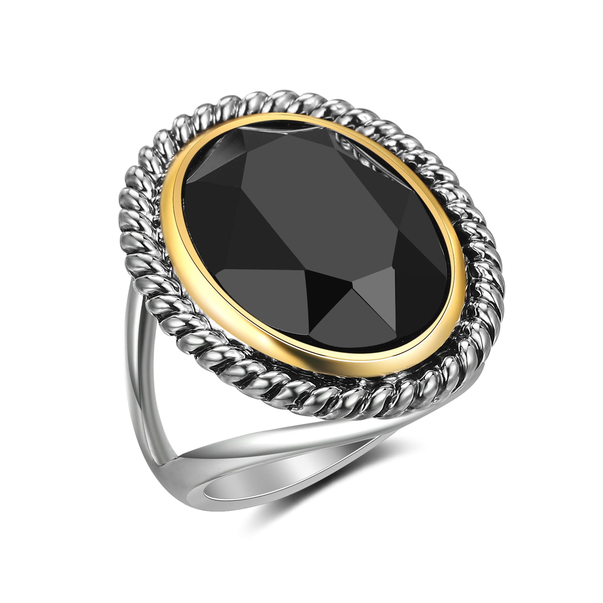 Mytys Twisted Cable Wire Rings for Women Two Tone Metal Ring Black Zirconia Vintage Gold and Silver Ring Antique Gift (Oval stone size 10)