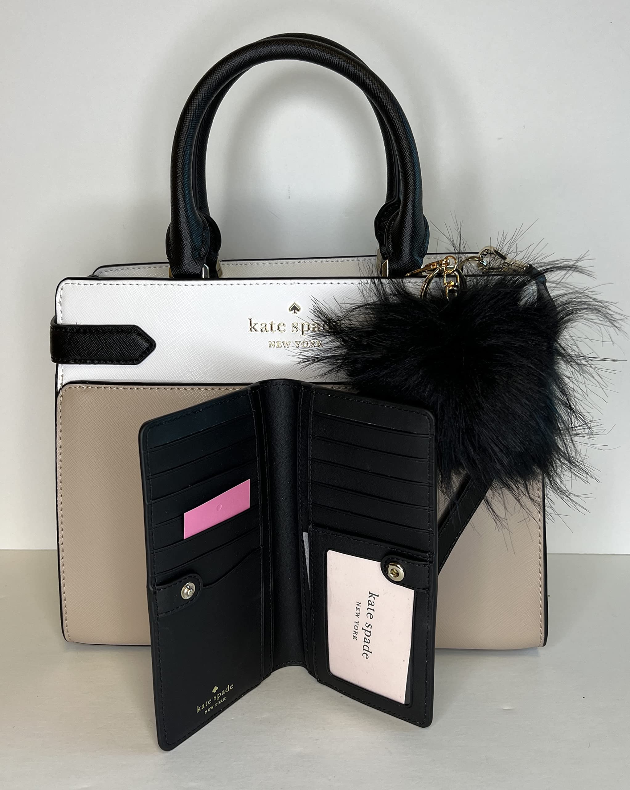 Kate Spade New York Staci MD Satchel bundled with matching Slim Bifold Wallet and Fur Pom (Warm Beige)