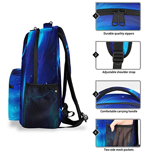 Wolf Backpacks for Boys Girls, Blue Galaxy Cool Wolf Lightweight School Backpack Laptop College Bookbag, Travel Casual Daypack, Hiking Camping Computer Rucksack