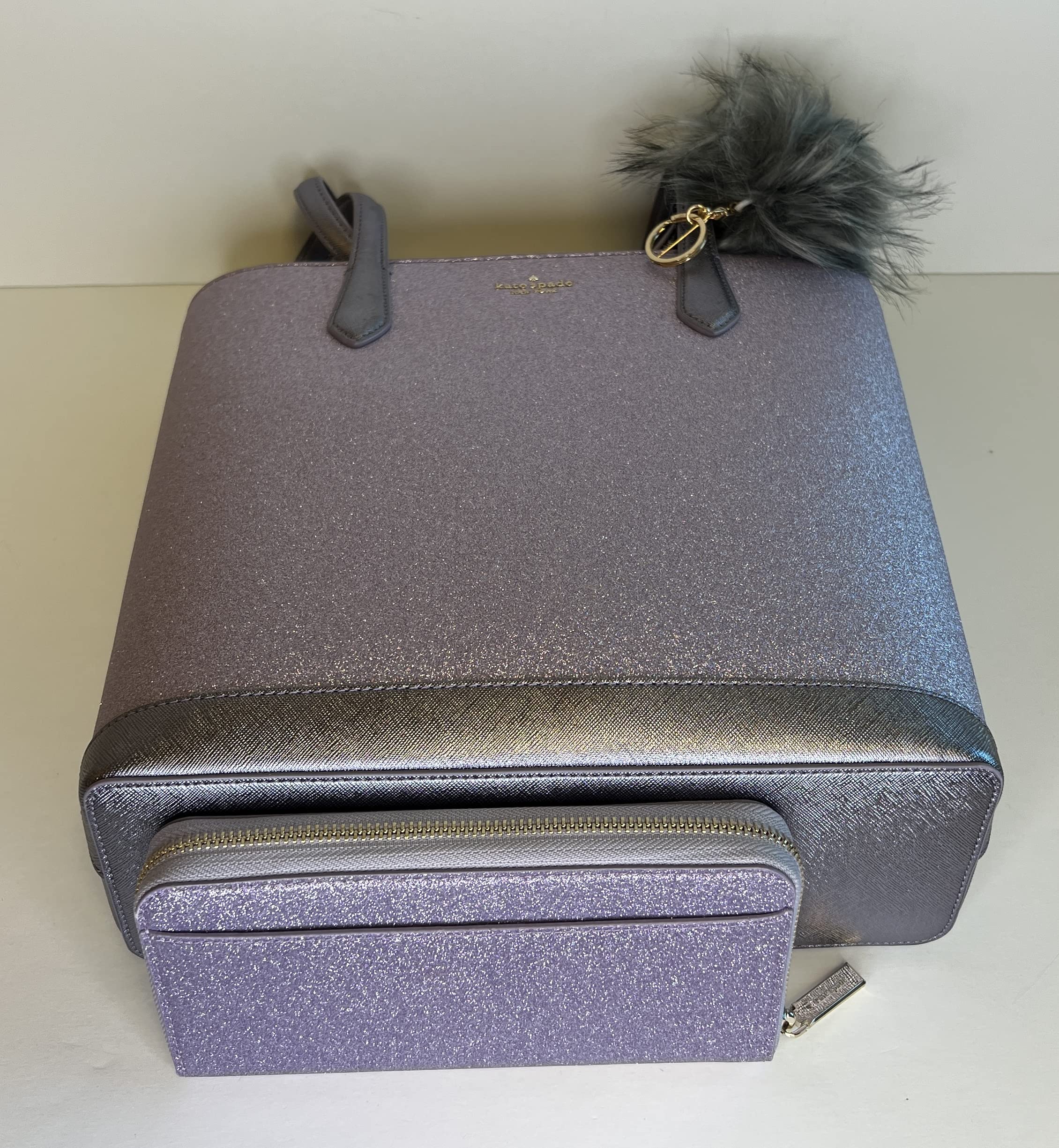 Kate Spade New York Tinsel Glitter Tote bundled with Large Continental Wallet and Fur Pom (Lilac Frost)