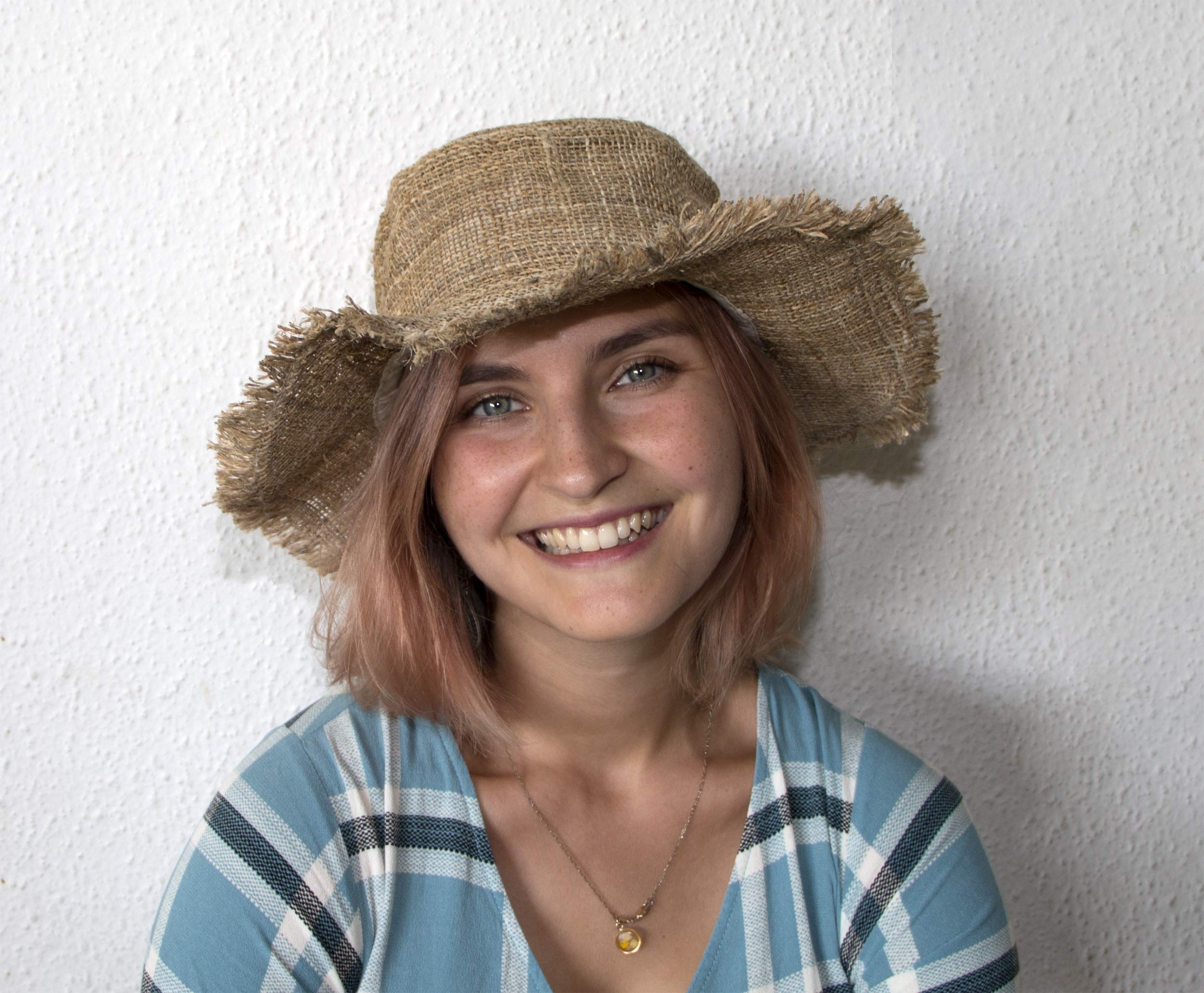 Hemp Sun Hat Wired Wide Brim Farmers hat with Frayed Edges, Raw Hemp Natural Straw Summer Hippie Farmers hat (Mediumc, Natural)