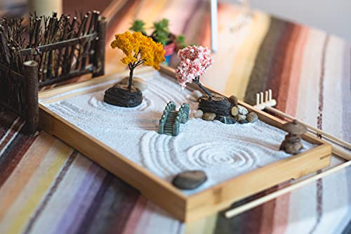 Japanese Zen Garden Kit for Desk - Sand Garden Tools Accessories Box Set for Office Desktop - 12x7.5" Large Bamboo Tray, White Sand, Pebbles, Rake Tools - Mini Table Zen Garden Kit - Meditation Gifts