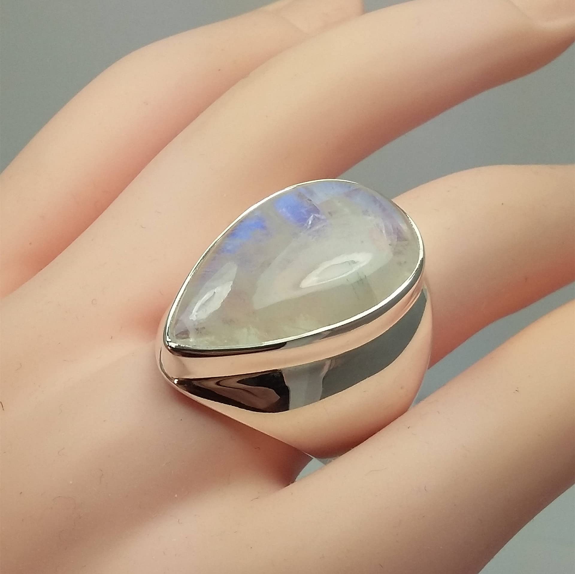 Koguxuix 925 Sterling Silver Perfect Pear Cut Moonstone Teardrop Gemstone Wedding Ring Band Size 6-10 (8)