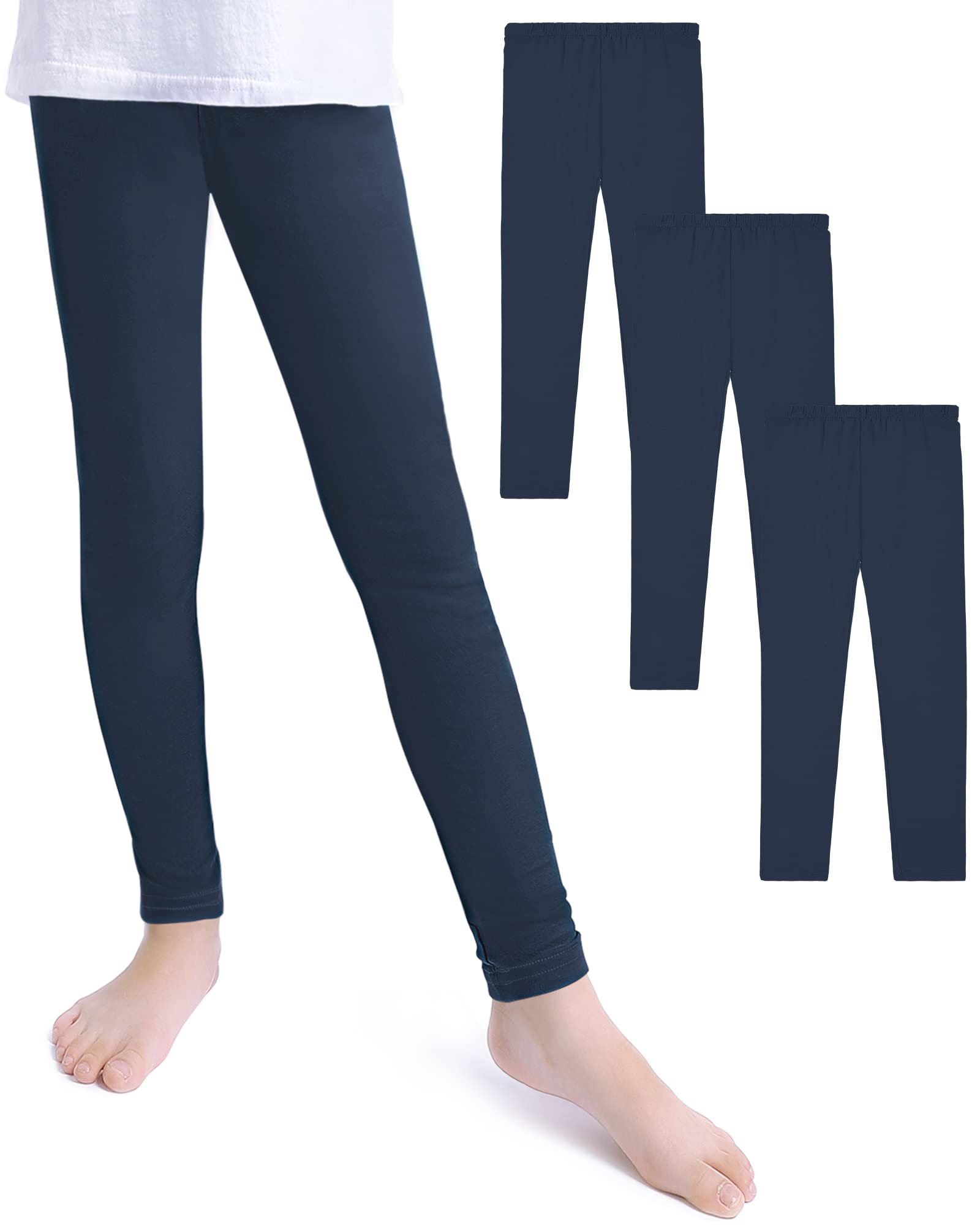KEREDA 3 Pack Girls Leggings Toddler Full-Length Tights Knit Pants Size 6-7Y (Navy,Navy,Navy)