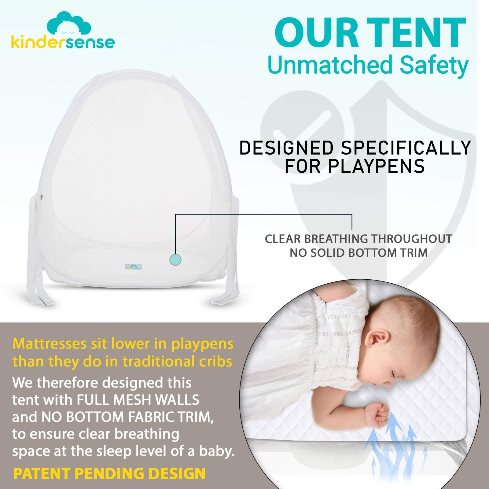 KinderSense - Pack N Play Tent Baby Safety Crib Net - Toddler Crib Topper for Playpens & Mini Cribs to Keep Baby from Climbing Out - Breathable Mesh Pop up Net - Mosquito Net Canopy Upgraded