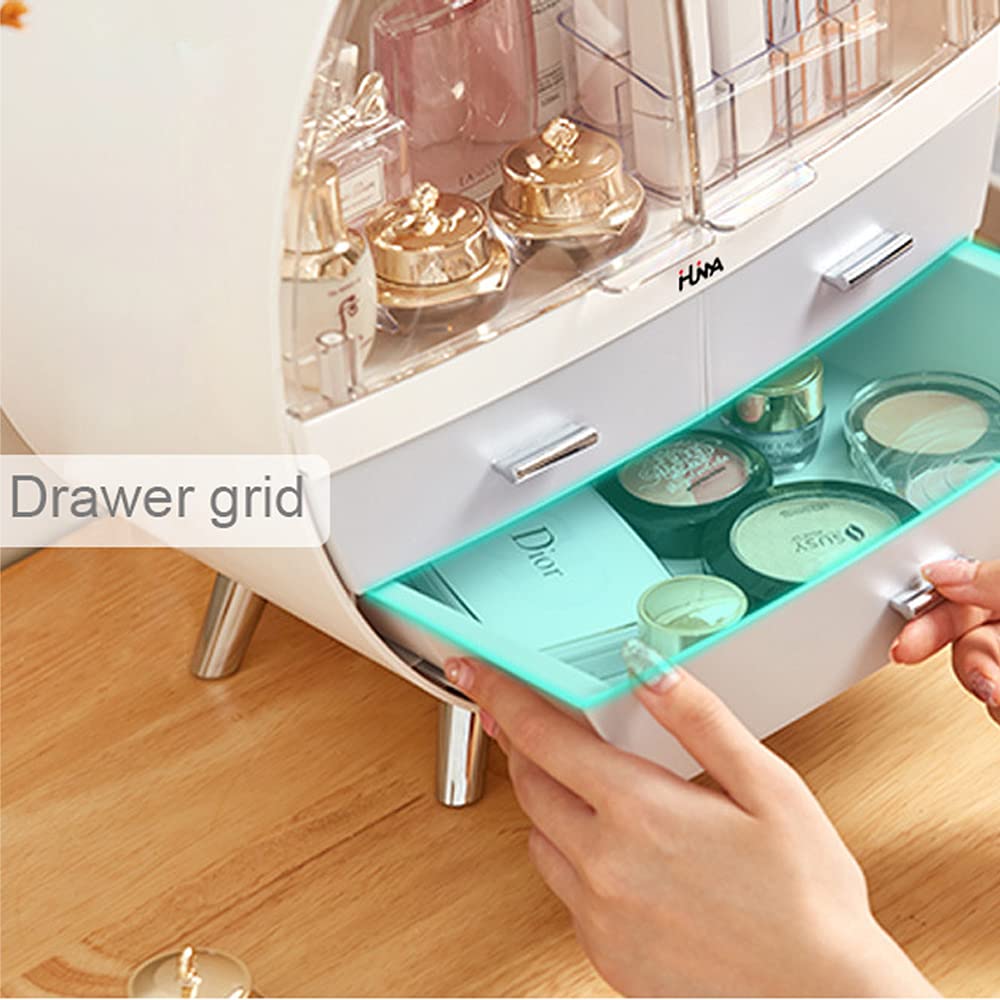 Ihuiniya STORi Makeup Storage Organizer Box，Cosmetics storage display rack with drawer，Waterproof, dustproof, elegant display cabinet，Suitable for bathroom countertop, bedroom dresser (Large Gray)