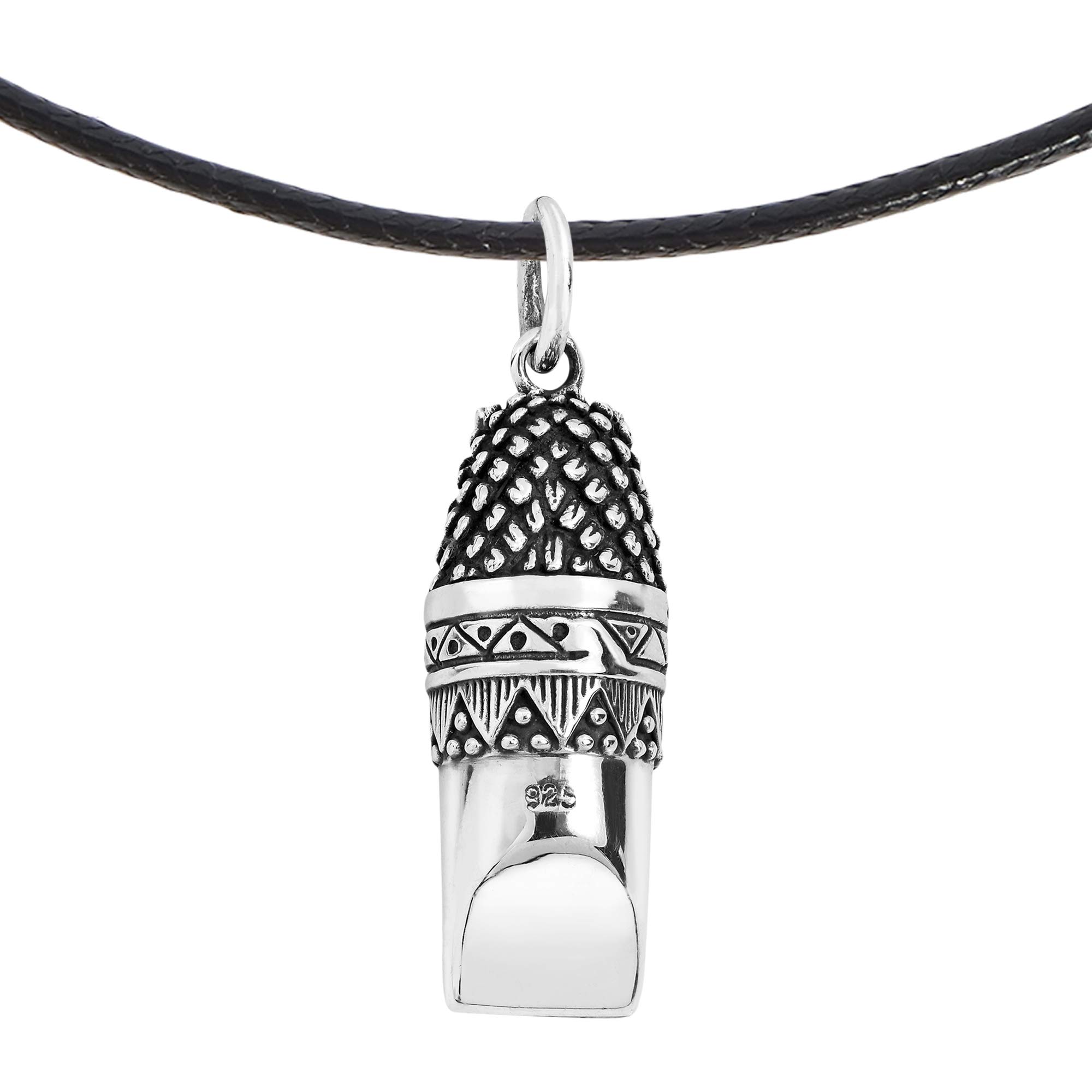 Intricate Detailed 3D Owl Whistle .925 Sterling Silver Pendant Rubber Necklace