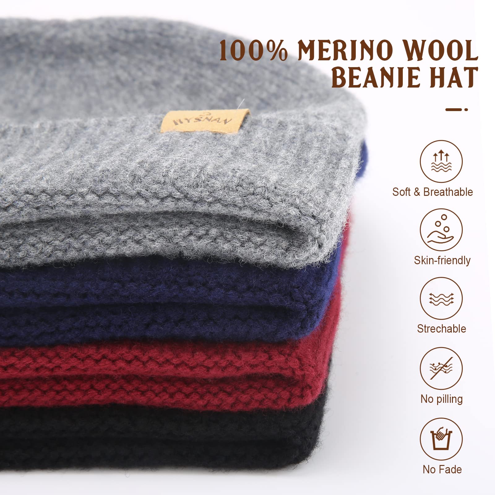 Hysnan Mens Beanie Merino Wool Warm Hats for Women Men Knit Slouchy Single Layer Warm Cuffed Skull Beanie Skiing Skating