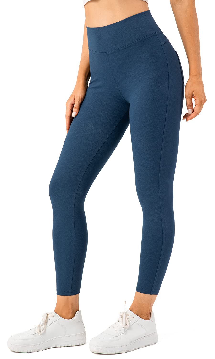 Lavento Women's Stretch Jean Leggings 23" - Mid-Rise Yoga Jeggings with Rear Pockets (Black, 6)