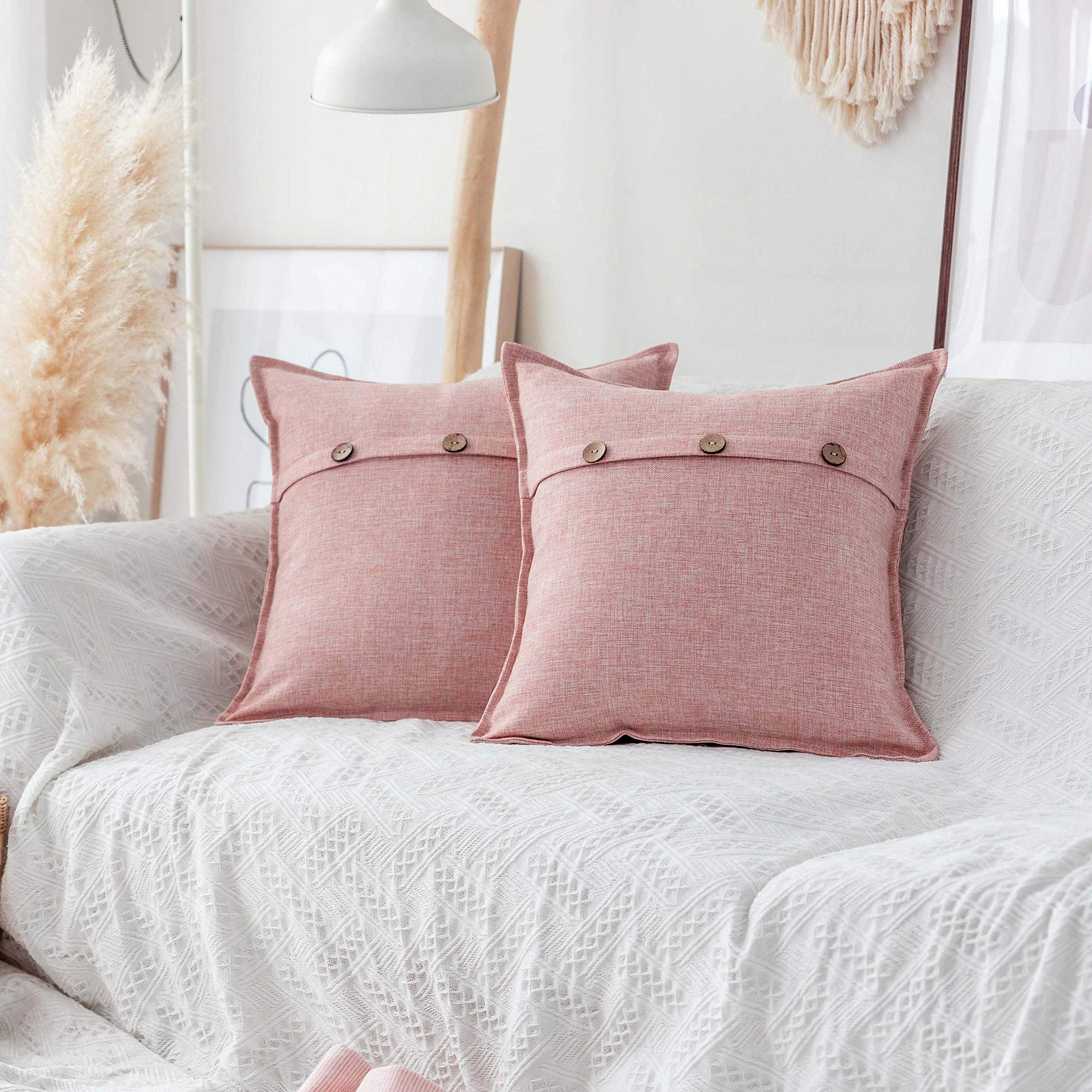 Home Brilliant Decorative Throw Pillow Covers 18 x 18 Farmhouse Rustic Button Lined Linen Throw Pillows for Couch, Set of 2, 18x18 inch(45x45cm), Light Grey