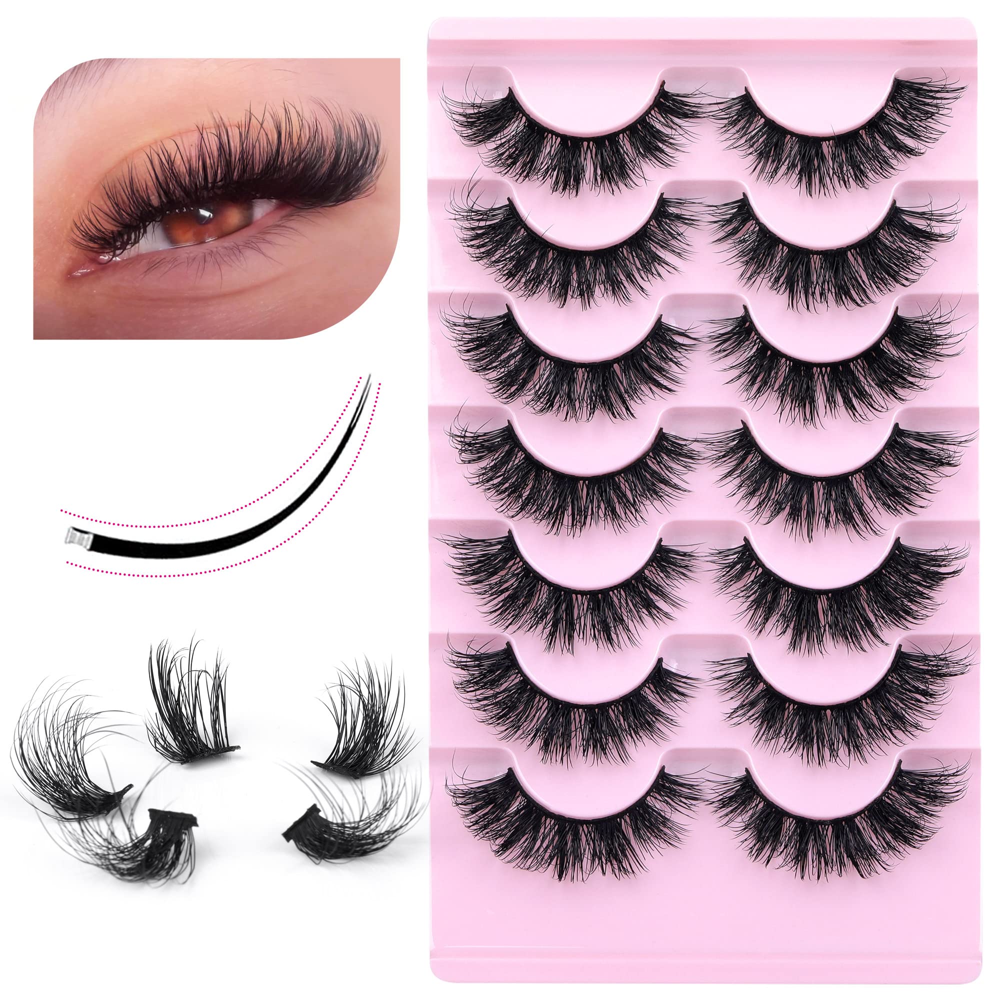 Mink Lashes Natural Look Wispy False Eyelashes Fluffy Flat Lashes Extensions Strip Curly Fake Eyelashes Handmade Cat Eye Lashes 7 Pairs Multipack By GVEFETIEE Black