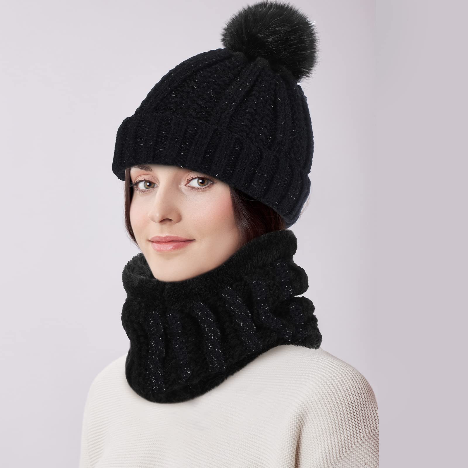 Hicarer 5 Pieces Women Ski Outing Set, Knit Winter Hat Scarf Gloves Earmuffs Stockings (Black, Classic Style)