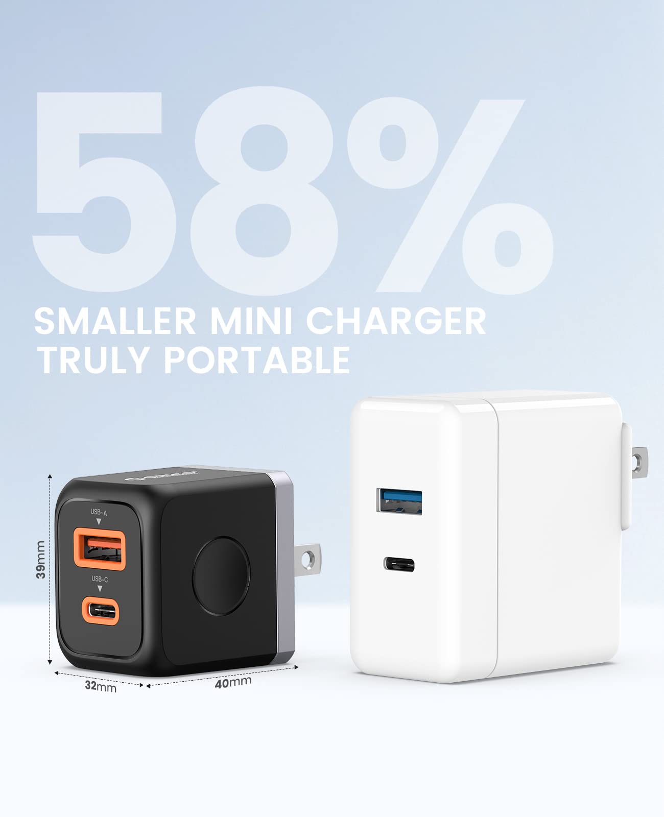 ORICO GaN USB C Charger with USB C Cable, 30W Power Delivery + QC3.0 USB A Double Port Fast Charging Adapter, Mini Wall Charger Compatible with iPhone 14 13 12 Pro Max Galaxy, iPad, MacBook Air