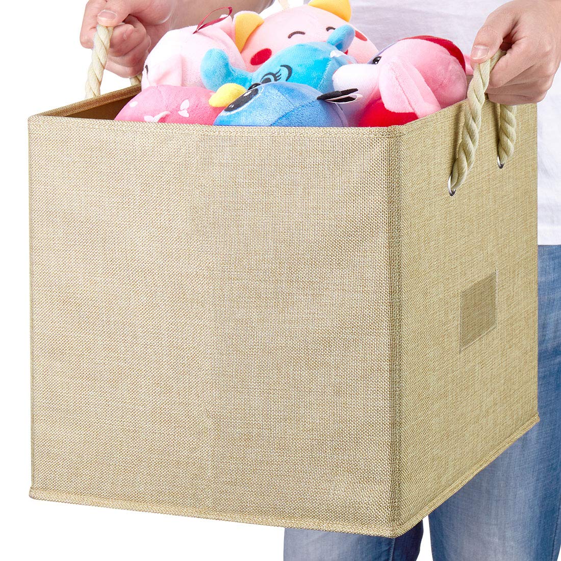 i BKGOO Foldable Storage Cube Bins Khaki Linen Fabric Collapsible Resistant Basket Box Organizer with Cotton Rope Handle for Home Office and Nursery 13x13x13 inch