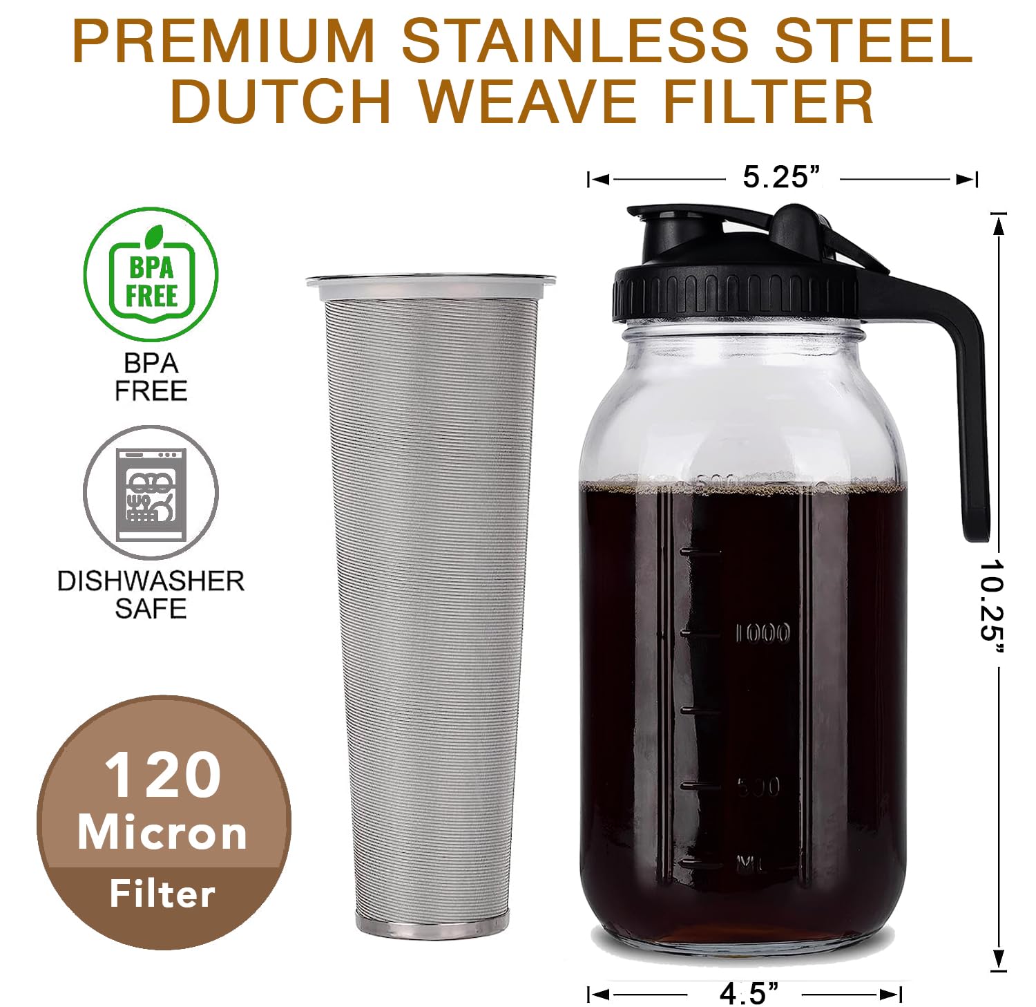 JavaSun Cold Brew Coffee Maker - 64oz Mason Jar Pitcher with Premium Stainless Steel Filter and Handle for Iced Coffee, Iced Tea, Homemade Fruit Drinks (64 oz)