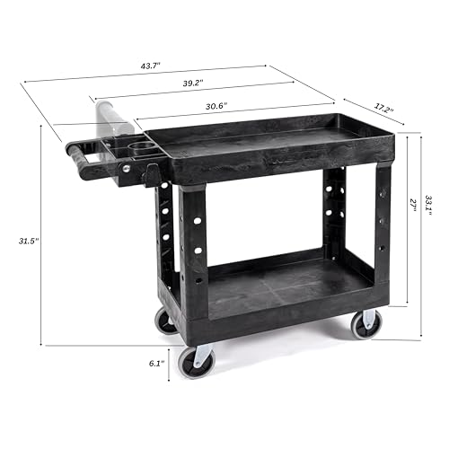NEIKO 53051A Utility Cart, Heavy Duty 500 Pound Service cart with Wheels, 2 Deep Tray Shelf Rolling Tool Cart, Adjustable Handle Black Plastic Push Cart, Garage Mechanic Shop Cart, Non Marking Wheels