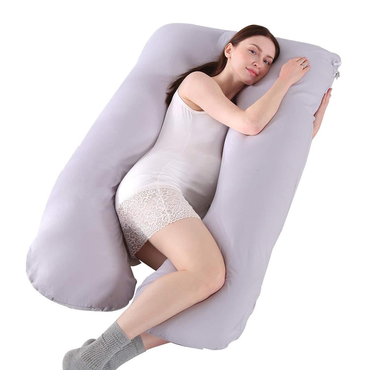 HUIJIE Pregnancy Body Pillow Maternity Pillows for Women Nursing Sleeping Feeding with 57" U Shaped Cotton Detachable Washable Pillowcase (Light Gray)