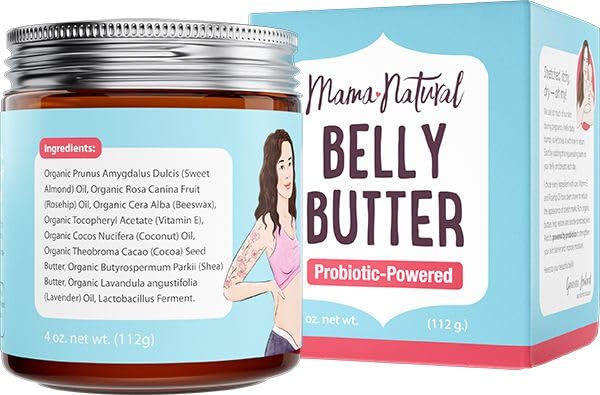 Mama Natural Stretch Mark Cream For Pregnancy | 100% Organic Belly Butter (4oz) for Stretch Mark Prevention & Stretch Mark Remover | Probiotic Powered Belly Balm