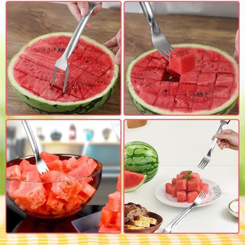 Lmuwecno 2-in-1 Stainless Steel Fruit Cutter, Watermelon Slicer Cutter, Watermelon Fork Slicer Cutter Slicer Tool, Dual Head Fruit Forks Slicer Knife for Home Kitchen Gadget, Silver