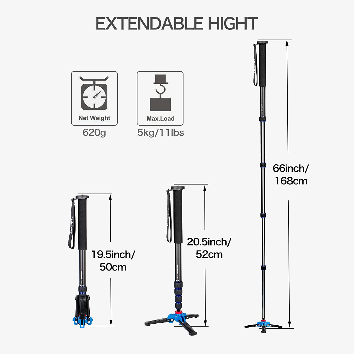 Koolehaoda Professional 65-inch Camera Aluminium Monopod with Folding Three Feet Support Stand