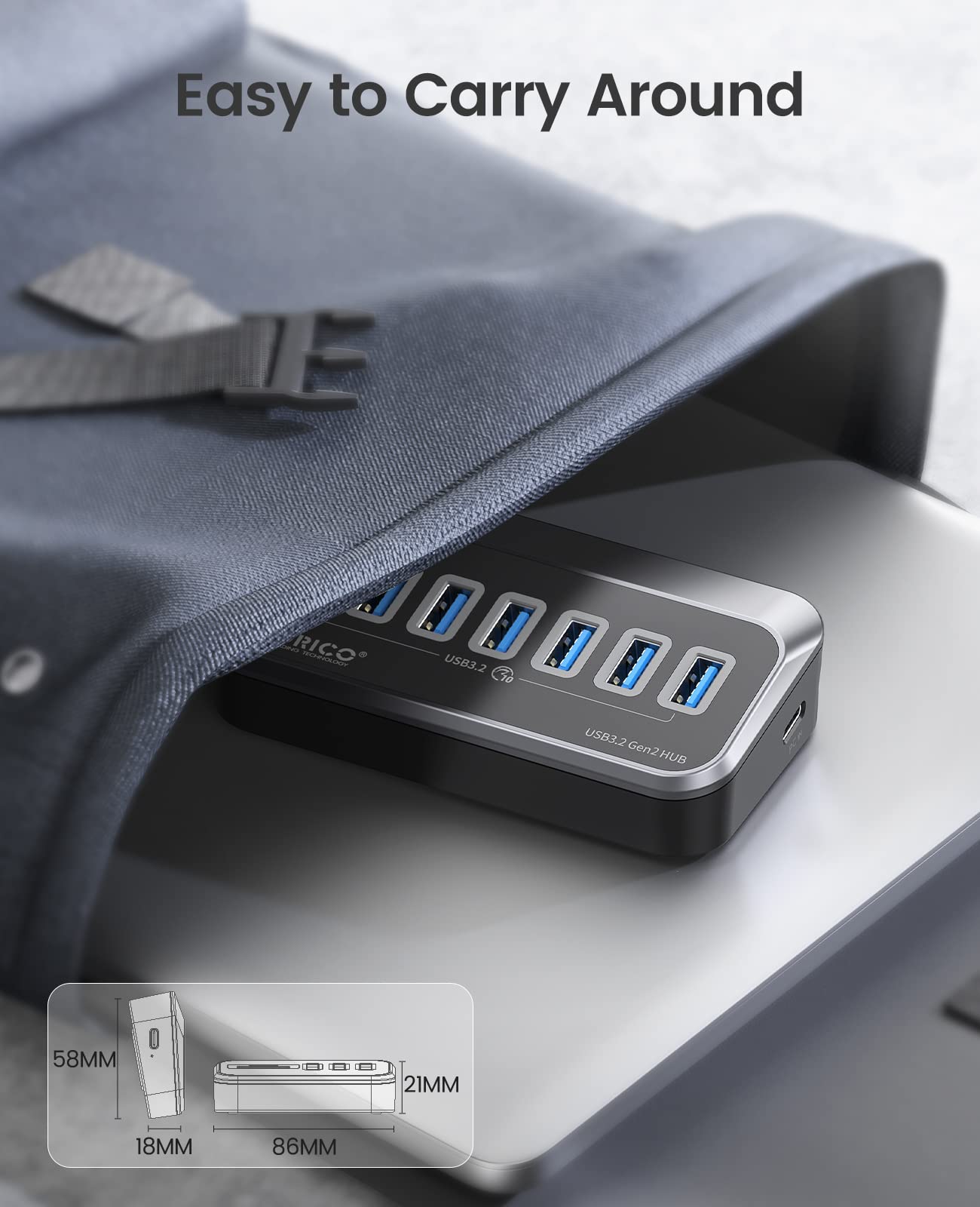 ORICO USB Hub 10Gbps with 4 USB A Ports, USB 3.2 Gen 2 Hub with 1.64Ft USB-C Cable and USB-A Adapter USB Splitter for iMac, All MacBooks, Mac Mini-Plastic Version