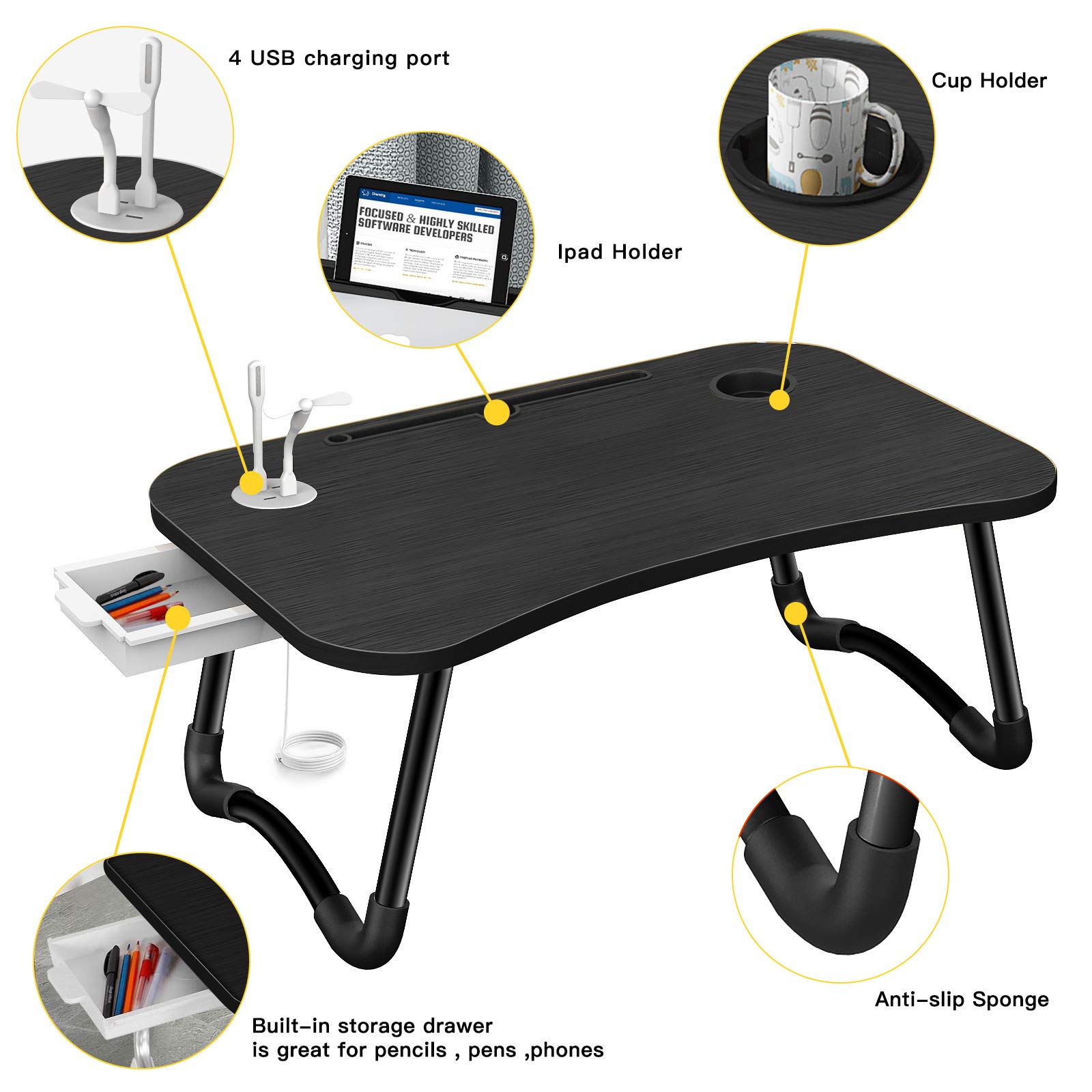 HLHome Laptop Bed Desk Large Portable Foldable Laptop Table Tray Stand for Bed with USB Charge Port/Cup Holder/Storage Drawer for Working Writing Reading Eating Lapdesk On Low Sitting Floor