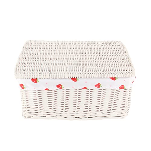 KINGWILLOW Rectangular Storage Basket, Wicker Storage Bin with Lid for Clothes Books Sundries (Strawberry Pattern Lining, Large)