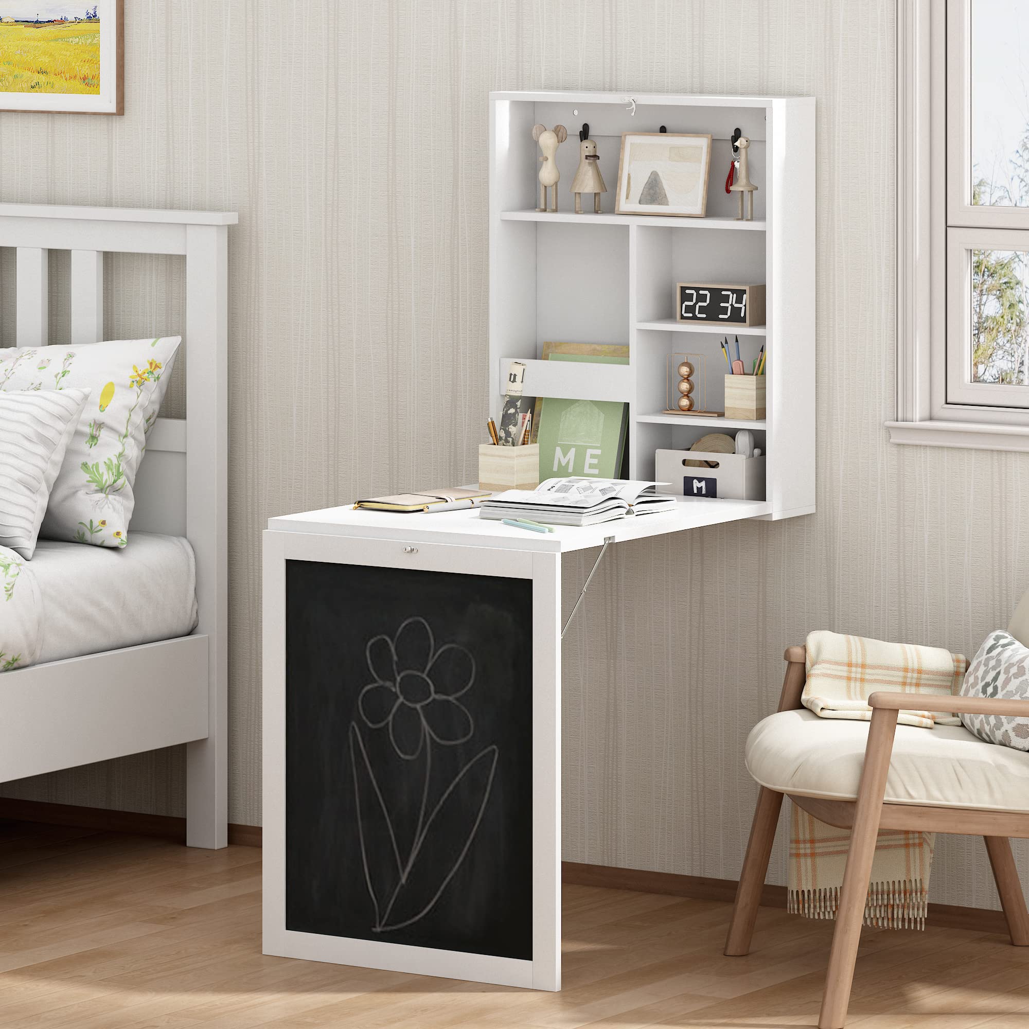 JAXPETY Wall Mounted Space Saving Folding Desk Fold Out Computer Laptop Desk with Storage Bookcase & Chalkboard Convertible Writing Desk for Home Office, White + Black